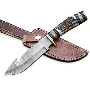 Custom Handmade Hunting Knife gut hook Skinner Fixed Blade Knife Damascus Steel 10'' Overall With Sheath