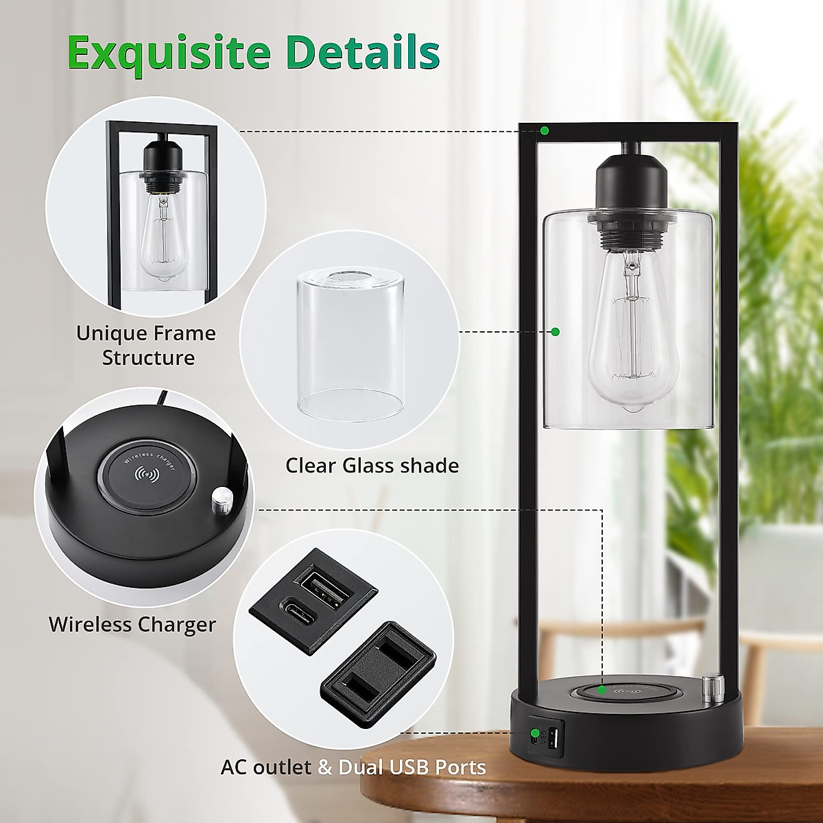 LEDIARY Set of 2 Wireless Charging Table Lamps with AC Outlet and 2 USB Ports, Fully Stepless Dimmable Bedside Lamps, Industrial Nightstand Lamp with Glass Shade for Bedroom, 2200K Bulbs Included