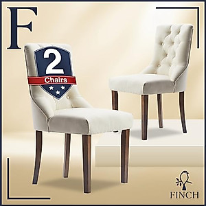 Finch Elmhurst Modern Button-Tufted Dining Chair, Elegant High Back Upholstered Fabric Accent, Set of Two, Cream