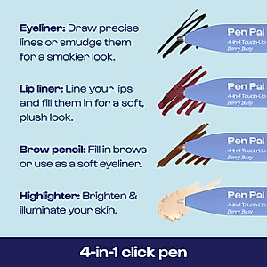 Alleyoop Pen Pal 4-in-1 Touch Up Makeup Pen - Eyeliner in Black, Lip Liner in Berry, Highlighter Stick in Champagne, Eyebrow Pencil in Brown - Travel Makeup Pen, Cruelty-Free & Vegan (Berry Busy)​