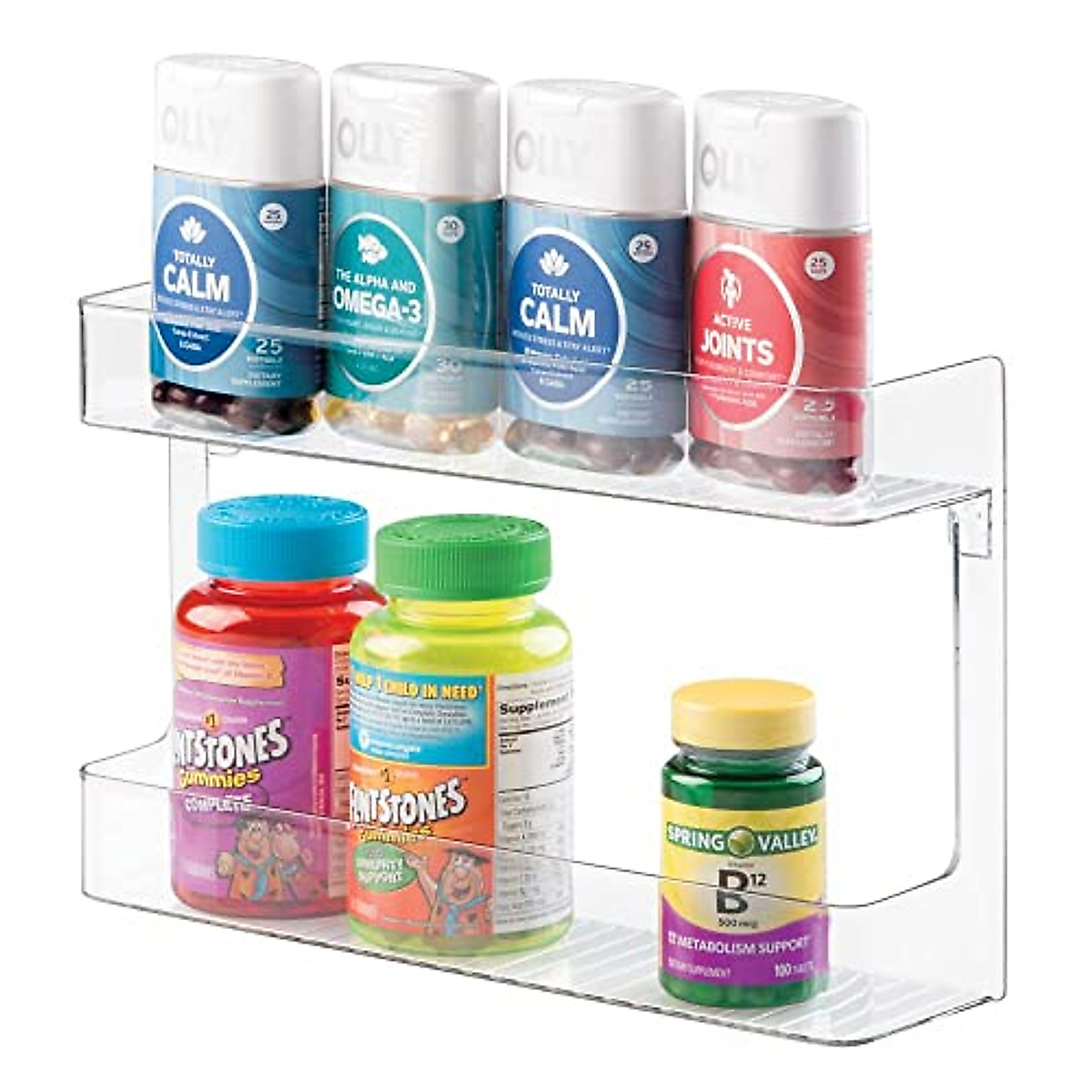 mDesign Plastic Wall Mount, 2 Tier Storage Organizer Shelf for Bathroom, Kitchen; Holds Vitamins, Supplements, Aspirin, Medicine Bottles, Nail Polish, Cosmetics and More, Ligne Collection - Clear