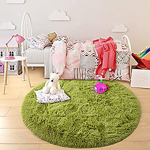 junovo Round Rug 4x4 Feet Fluffy Soft Area Rugs for Kids Girls Room Princess Castle Plush Shaggy Carpet Cute Circle Nursery Rug for Kids Girls Bedroom Baby Room Home Decor Circular Carpet, Green