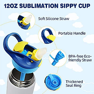Mocaru Kids Sublimation Tumbler, 12oz Sublimation Kids Water Bottle with One-click Pop-up Straw Lid and Handle, Stainless Steel Insulated Sublimation Kids Sippy Cups Blanks with Shrink Films(6 Pack)