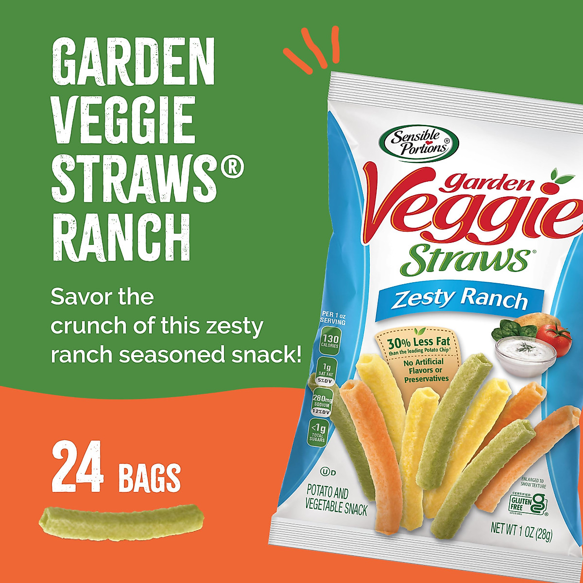 Sensible Portions Garden Veggie Snacks - Veggie Straws, Snack Size, Zesty Ranch, 1 Oz (Pack of 24)