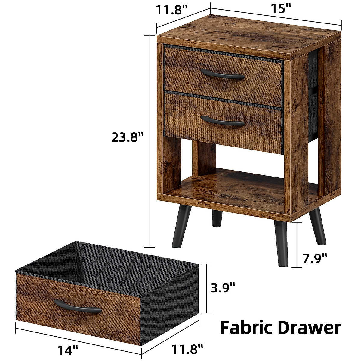 GYIIYUO Nightstands Set of 2 with 2 Fabric Storage Drawers and Open Wood Shelf, Side Table with Storage for Bedroom, Night Stand with Drawer for Bedroom, Bedside Tables - Rustic Brown