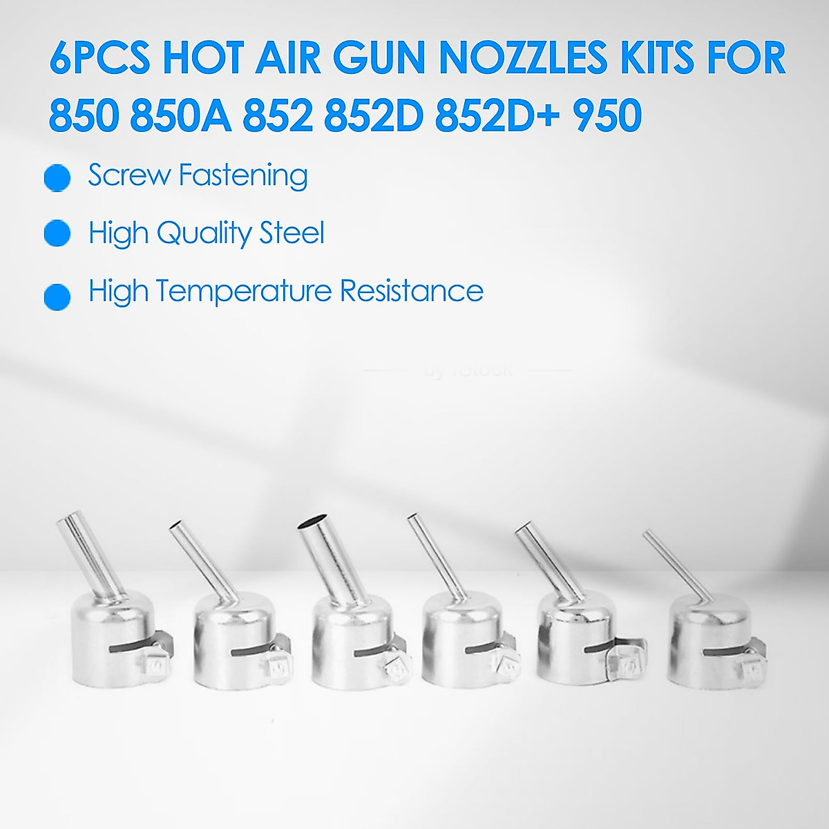 6PCs Hot Air Gun Nozzles Kits Short Oblique Nozzle Round Aluminum Alloy Material 861DW Hot Air Gun Soldering Desoldering Station Repair Tools for 850 850A 852 852D 852D+ 950