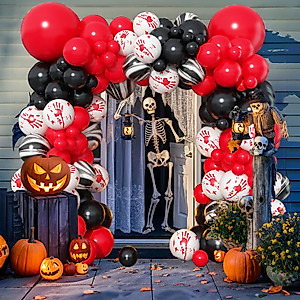 Halloween Balloons Garland Arch Kit, 125 PC Red Black Scary Halloween Balloons with Marble Balloon Bloody Hand Prints Balloons, Horror Balloons for Scream Creepy Gothic Halloween Decorations Indoor