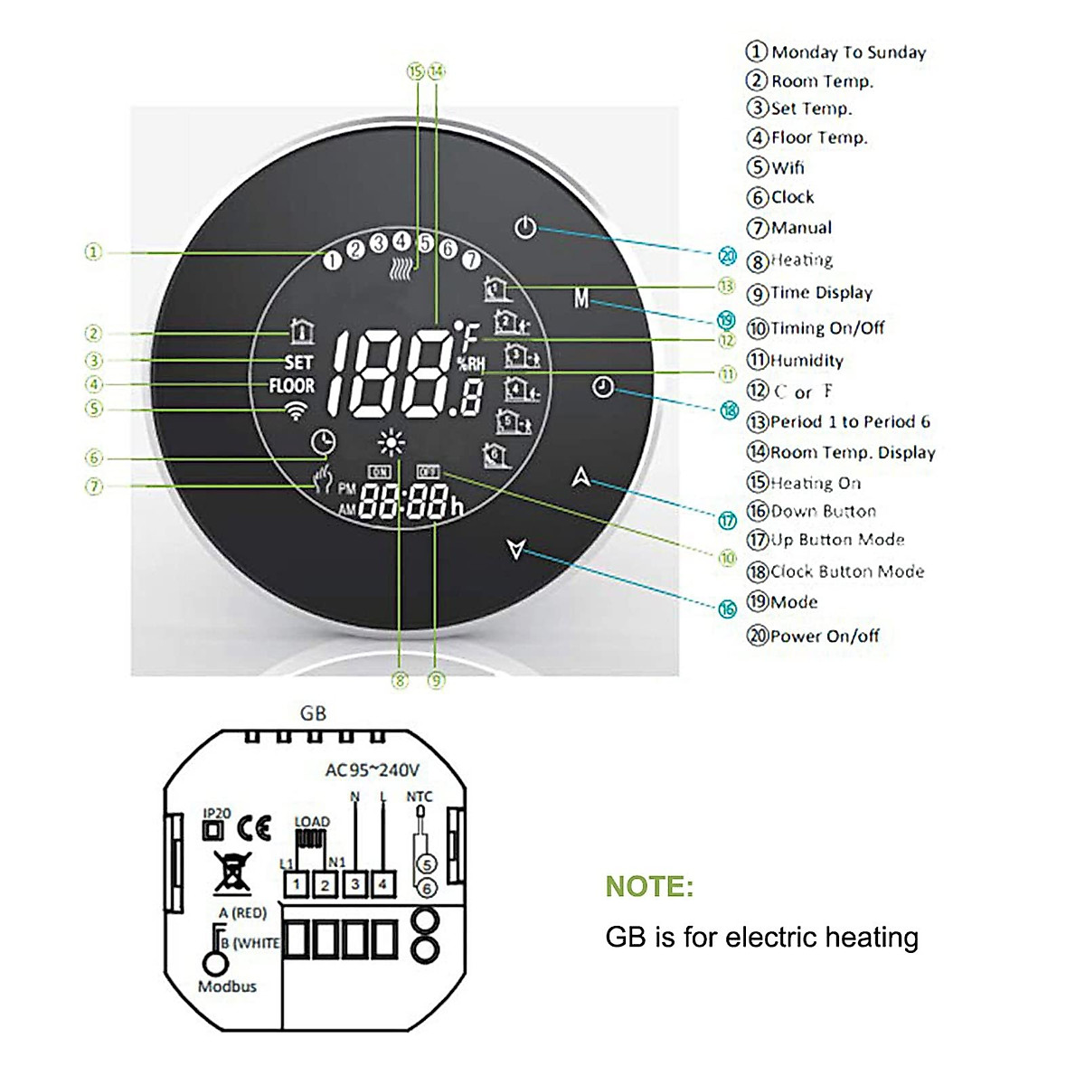 Smart Floor Heat Thermostat, WiFi Voice Phone Control LCD Touch Screen Thermostat for Electric Heating Systems 95‑240VAC