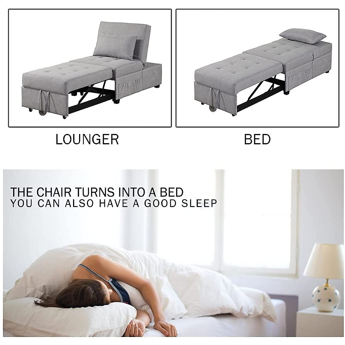 BINGTOO Sleeper Sofa Chair Bed 4 in 1 Convertible Chair Multi-Function Folding Ottoman Sleeper, Pull Out Sleeper Chair Bed- Modern Convertible Chair Bed Pull Out Sleeper Couch Bed for Living Room