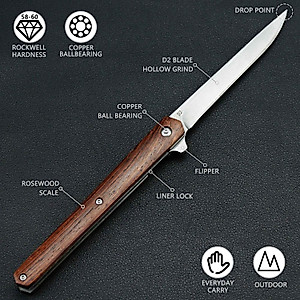 Kitory 4" Folding Pocket Knife, Small EDC Knife with Clip and Leather Sheath, Gift for Men, Dark Red wood handle 2023 Gifts For Women and Men