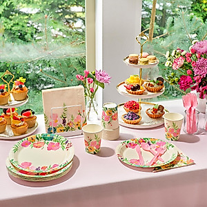 Juvale 144 Piece Watercolor Tea Party Supplies with Pink Floral Paper Plates, Napkins, Cups, and Cutlery, Disposable Tableware Set for Girls Baby Shower, Wedding (Serves 24)