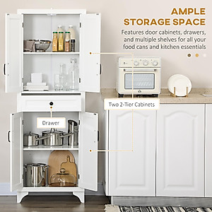 HOMCOM 67" Tall Freestanding Kitchen Pantry Cabinet, 4-Door Storage Cabinet with Drawer and Adjustable Shelves for Dining Room, White