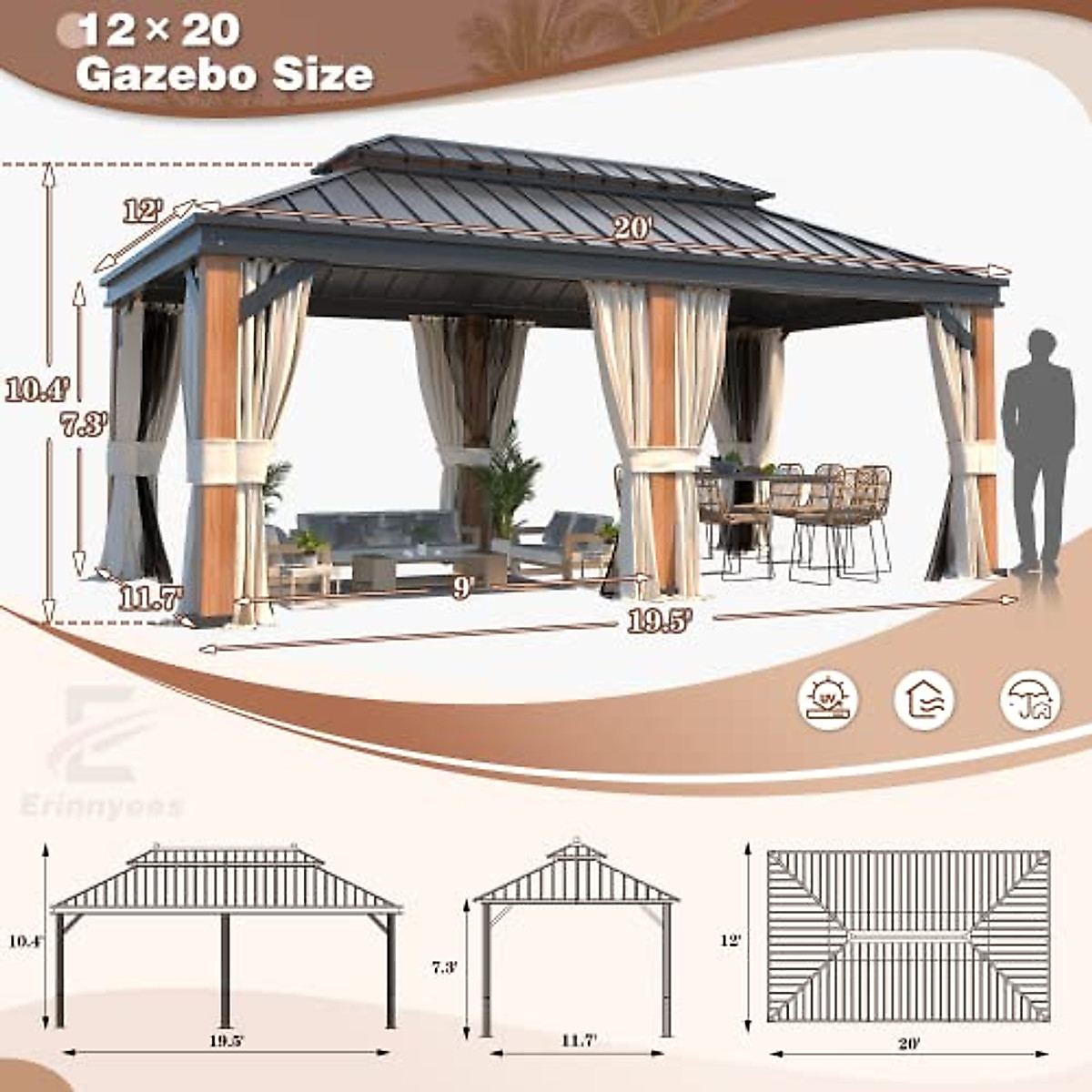 YOLENY 12' x 20' Ultra-thick Columns and Beams Hardtop Gazebo with Faux Wood Grain Aluminum Frame, Vertical Stripe Galvanized Steel Double Roof, Outdoor Patio Gazebo Pergolas with Netting and Curtains