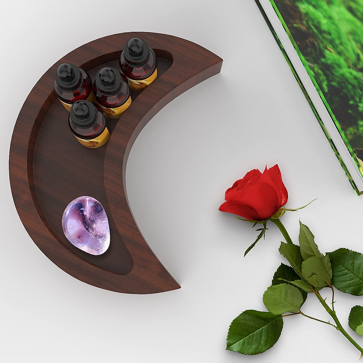 Wood Moon Tray Crystal Holder, Nuadem 6" x 3" Walnut Wood Crystal Display Tray, Crystal Crescent Moon Tray,Crystal Stone Holder - Crescent Crystal Tray for Essential Oil Jewelry Halloween Decor
