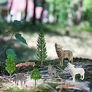 Sratte 26 Pcs Woodland Wolf Figurines Toys Model Trees Kit with Wolf Figurine Wolf Toy Playset Diorama Project Kit Cake Toppers for Kids Toddlers Birthday Gift Decor(Wolf Style)