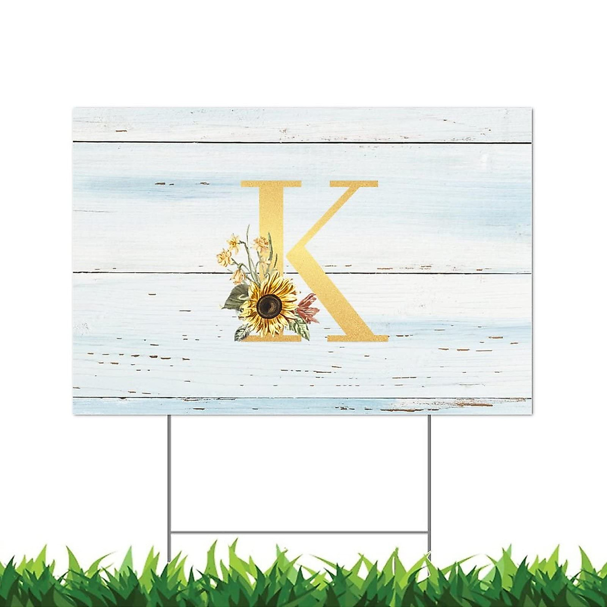 Floral Monogram Letter Golden Letter K Sunflower Lawn Yard Signs Alphabet Letter Corrugated Plastic Sign for Garage Sales Rent Open House Construction 12"x18"