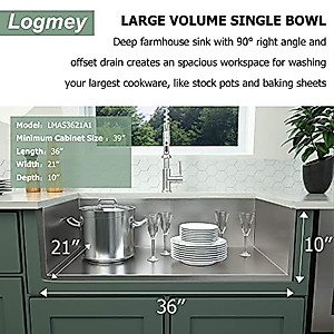 36 Inch Farmhouse Sink - Logmey Stainlese Steel Workstation Farmhouse Kitchen Sink 16 Gauge Apron Front Sink Single Bowl Farm Sink 36x21x9 Inches