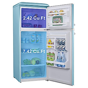 Galanz GLR10TBEEFR Retro Refrigerator with Top Freezer Frost Free, Dual Door Fridge, Adjustable Electrical Thermostat Control, 10 cu ft, Blue