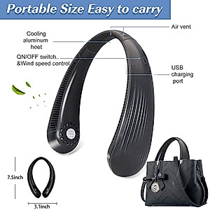 MQFORU Portable Neck Fan, Hands Free Bladeless Personal Fans - 3 Speeds, 64Air Outlet, Up to 8Hrs Use Time, 360°Cooling USB Rechargeable Wearable Fan for Office Camping Sports Travel (Black)