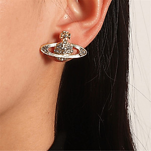 Saturn Planet Stud Earrings for Women Aesthetic Cubic Zircon Rhinestone Planet Earrings Dainty Crystal Earrings (Gold Saturn Earrings)