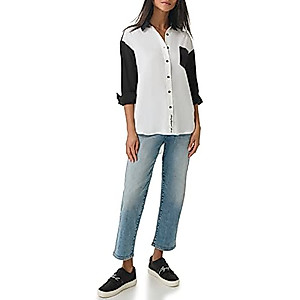 Karl Lagerfeld Paris Women's Soft Long Sleeve Colorblock Everyday Fashion Sport Blouse, White Black, X-Small