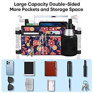 FINPAC Large Walker Tote Bag with Cup Holder, Folding Walker Attachment Hands-Free Storage Basket Mobility Aid Accessory Pouch for Elderly, Senior, Daisy