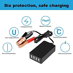 DC Converter with Battery Clip 12V 24V to 5V 8A USB Power Adapter Buck Regulator Charger, 4 Ports Automatically Identify shunt Charging, Suitable for iPhone Android Samsung Galaxy S10 s9 Plus
