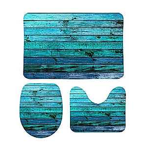 My Daily 3 Piece Bathroom Rug Set Ocean Aqua Blue Teal Old Wood Background Turquoise Non-Slip Contour Mat + Toilet Lid Cover + Bath Mat