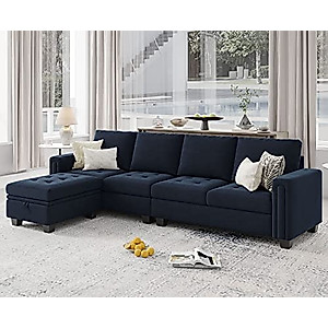 Belffin Velvet Reversible Sectional Sofa with Chaise Convertible L Shaped 4-seat Sectional Couch with Storage Ottoman Blue