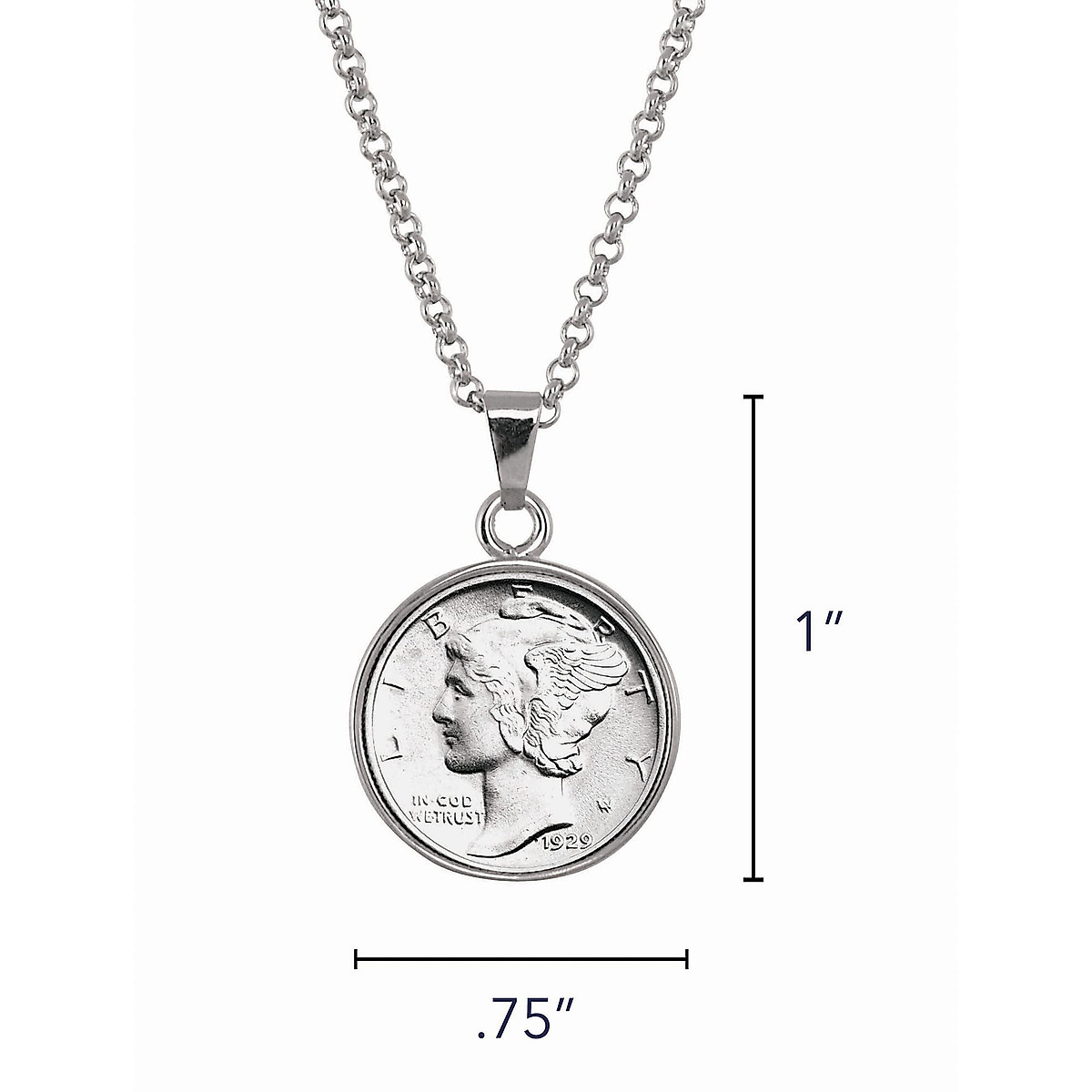 American Coin Treasures Silver Mercury Dime Silvertone Coin Pendant with 18" Cable Chain Necklace, Genuine and Elegant Keepsake Jewelry for Women, White Luxury Gift Box Included