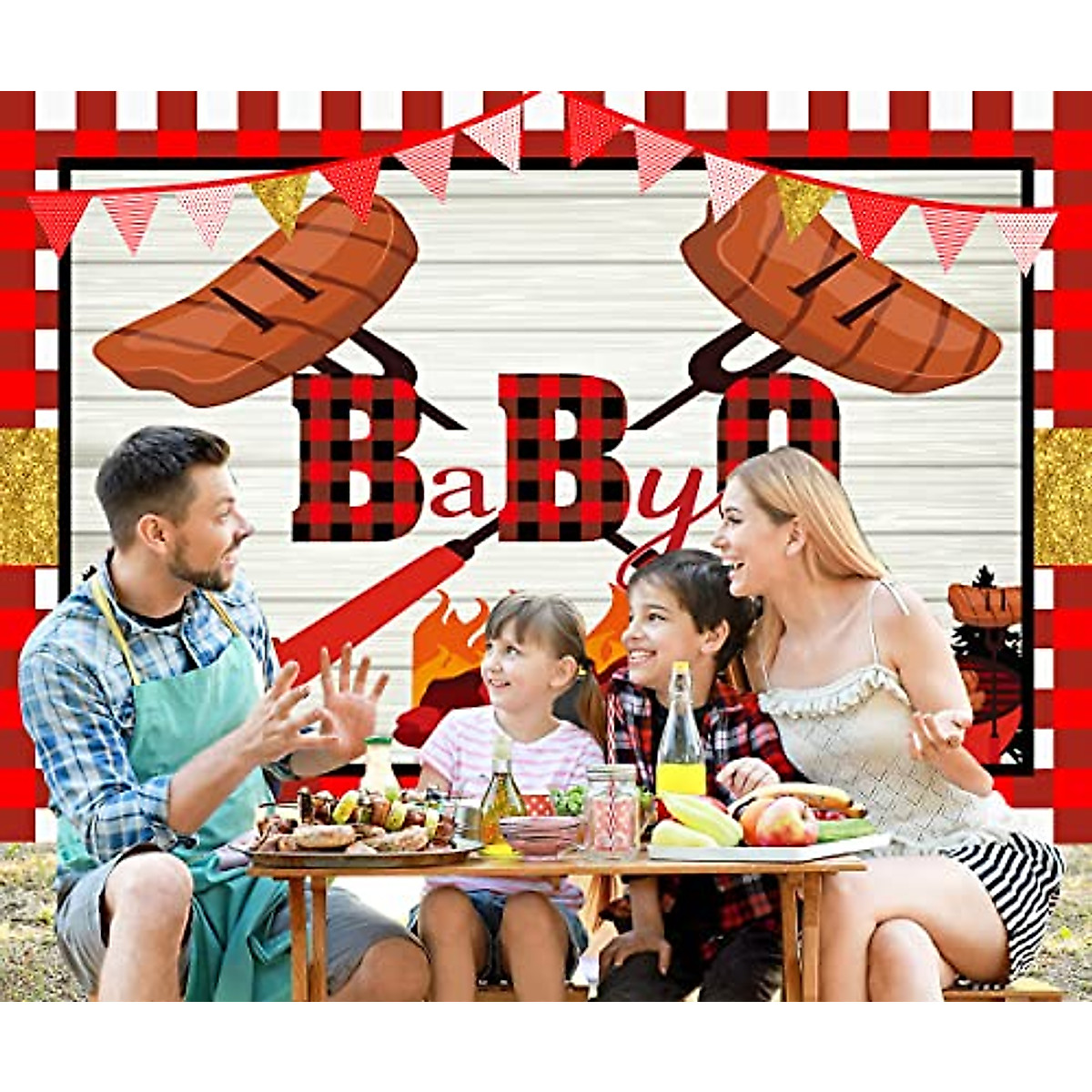 SHANSHUIART BBQ Theme Party Backdrop banner Wooden Board White and Red Lattice Background Barbecue Baby Shower Party Decorations Supplies