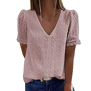 Women Lace Tunic Tops to Wear with Leggings Casual Solid Short Sleeve V-Neck Lace T-Shirt Blouse Tops Pink