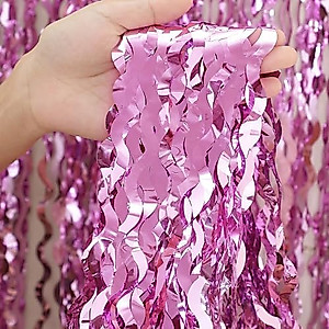 Pink Foil Fringe Curtain - Wavy Pink Fringe Backdrop 3.3 x 6.6 Feet, Pack of 3 | Pink Streamers Party Decorations Pink Birthday Decorations Valentine's Day Decoration Party Supplies