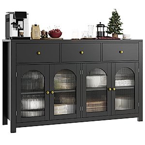 FINETONES Buffet Cabinet with Storage, 55.1" Large Sideboard Buffet Farmhouse Kitchen Cabinet with 3 Drawers and 4 Doors, Wood Coffee Bar for Kitchen, Black