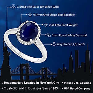 Gem Stone King 10K White Gold Blue Sapphire and Diamond Engagement Ring | 2.34 Cttw | Oval 9X7MM | Wedding Anniversary Promise Ring For Women | Gemstone Birthstone (Size 8)