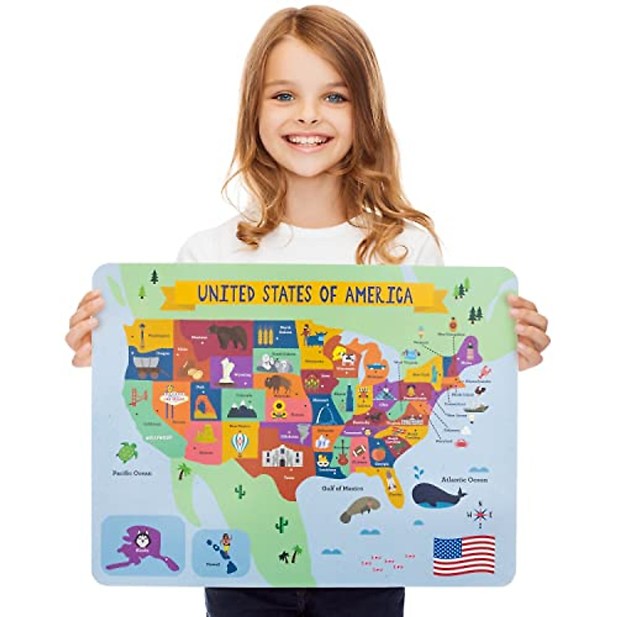 8-Pack Reversible Classroom Wall Posters 22" x 17" - Learn The Alphabet, Colors, Days, Months, Numbers, Shapes, & USA Map - Educational Posters by Pint-Size Scholars