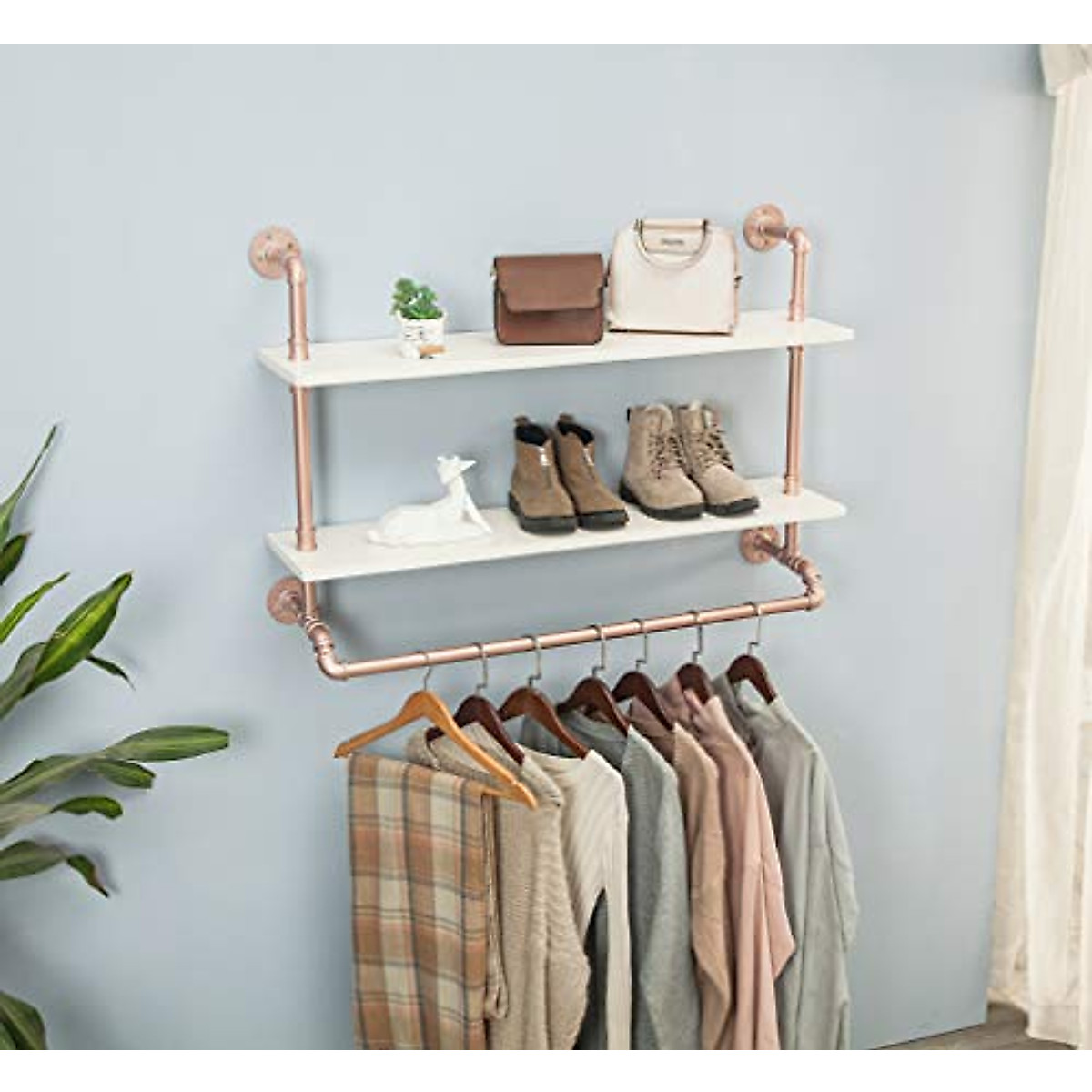 FOF FRIEND OF FAMILY Industrial Pipe Garment Rack with Double Tier shelves, Wall Mounted Clothes Rod for Clothing Storage, Rose Gold&White Color, 40" Wide