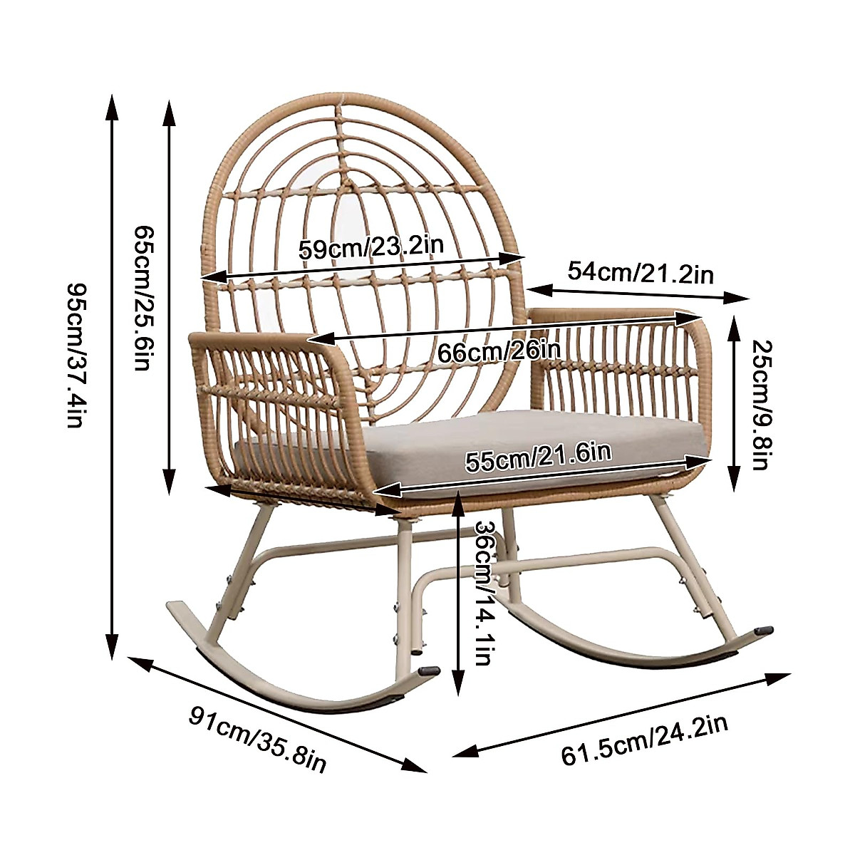 Upholstered High-Back Glider Chair,Patio Rattan Rocker Chair with Cushions & Steel Frame, All-Weather Rocking Lawn Wicker Furniture for Garden Backyard Porch(91*61.5*95cm/35.8*24.2*37.4in)