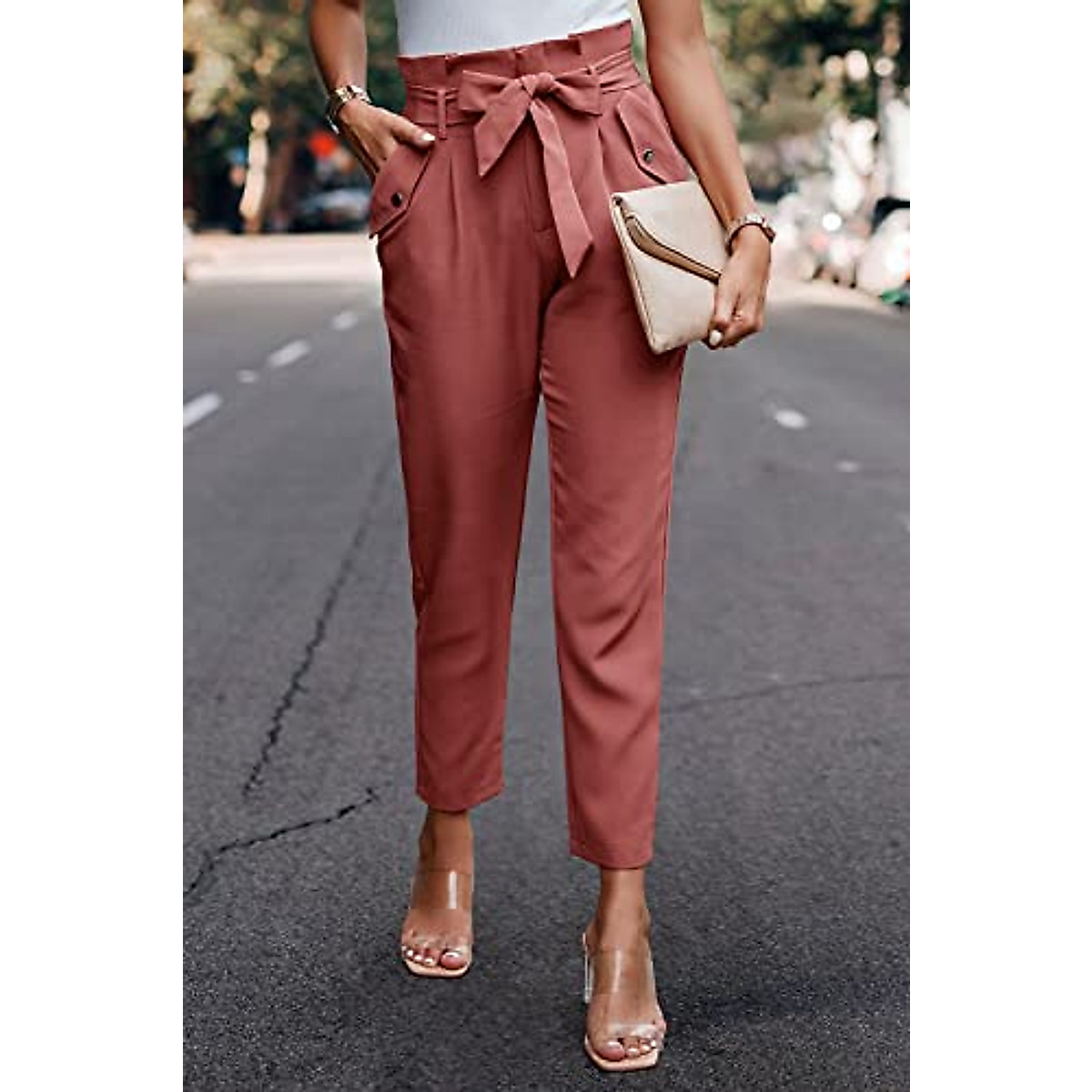 PRETTYGARDEN Women's Casual Long Pants High Waist Belted Paper Bag Work Pant Trousers with Pockets (Brick Red,Small)