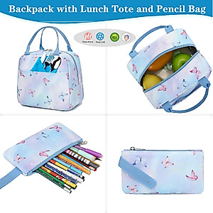 Dafelile Butterfly Backpack for Girls Backpack for Teen Girls Bookbags School Backpack with Lunch Tote and Pencil Bag Blue