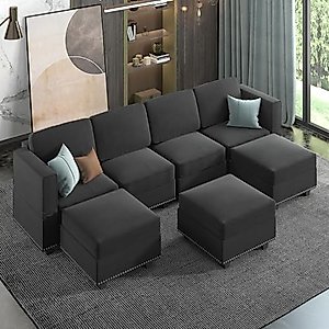 Mjkone Modular Sectional Sofa with Adjustable Armrest and Backrest for Living Room，U Shaped Couch 7 Seater Convertible Sectional Couch with Storage Ottoman -Dark Grey