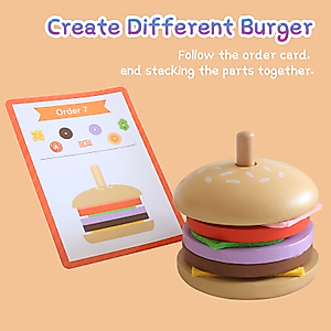 Wooden Montessori Toys for 1 2 3 4 5 Year Old, Stacking Rings Toy & Play Food Toy 2 in 1, Fine Motor Skills Learning Toys for Toddlers Kids - with Order Cards