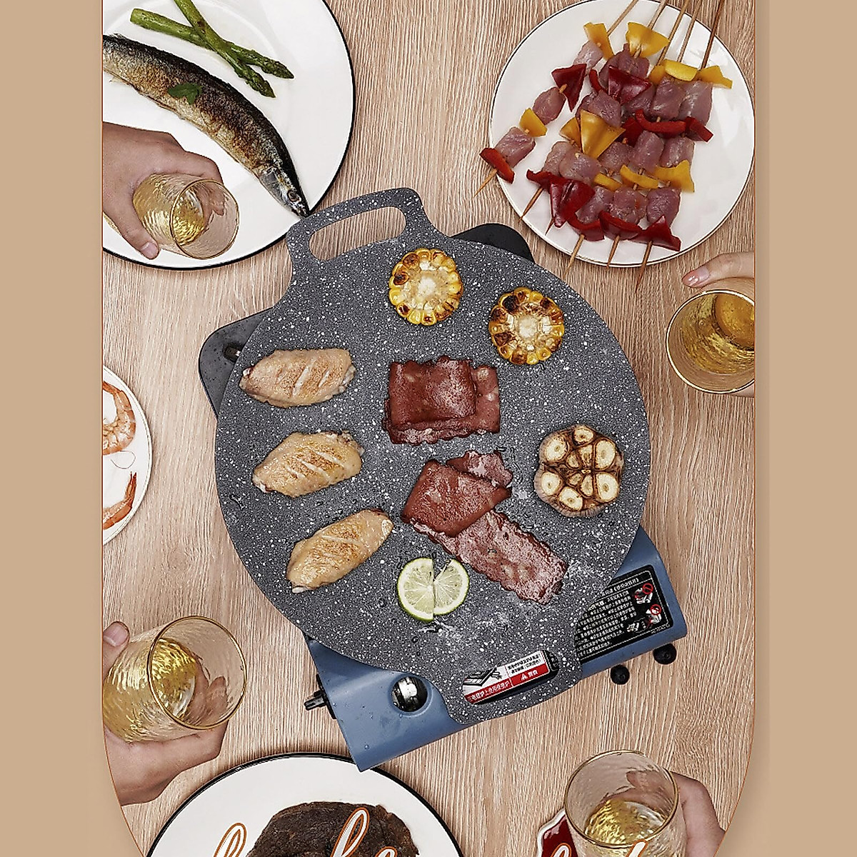 DaMohony Non-Stick Pan 15 inch, Korean Grill Pan for Gas/Electric Stove Top, Round BBQ Griddle Pan with Hangable Handles, Portable BBQ Grill Flat Pans for Outdoor Home Baking Pancakes Ribs