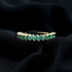 Rosec Jewels Certified Natural Baguette Emerald Ring for Women, AAA Quality, Half Eternity Band (Ideal for Gift), 14K Yellow Gold, Size:US 11.00
