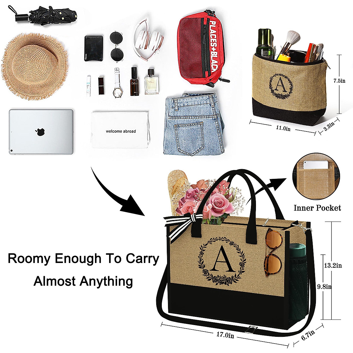 YOOLIFE Valentines Day Gifts for Girlfriend - Initial Jute Beach Tote Bag Travel Bag, Party Favors Personalized Birthday Gifts for Women Mom Friend Female Sister Bridesmaid Proposal Bag Gift Idea A