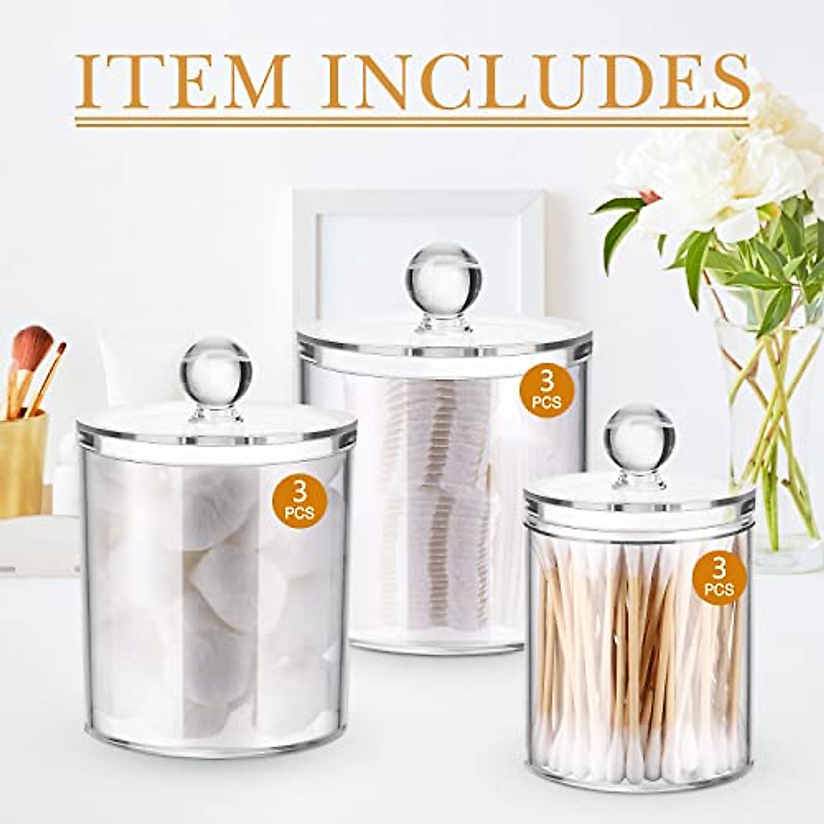 9 Pack Acrylic Holder Dispenser Plastic Apothecary Jars with Lids for Cotton Ball, 10/22/39 oz Clear Plastic Storage Jars Floss Holder Container Bathroom Canisters for Cotton Swab Bathroom, 3 Sizes