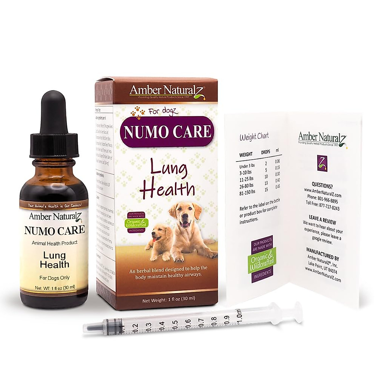 Amber NaturalZ Numo Care Lung Health Herbal Supplement for Dogs | Canine Herbal Supplement for Bronchial Support and Respiratory Lung Health | 1 Fluid Ounce Glass Bottle | Manufactured in The USA