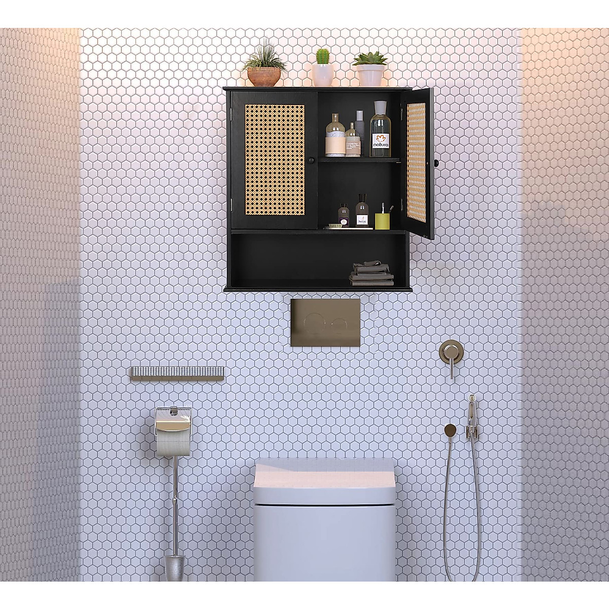 Bathroom Medicine Cabinet Wall Mounted,Black Rattan Storage Cabinet,Towel Cabinet for Bathroom Storage Over the Toilet,Floating Cabinet for Small Spaces,Hanging Cabinet for Kitchen Laundry Living Room