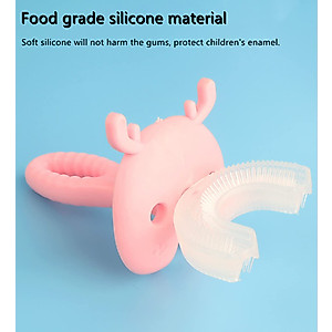 Land cast U-Shaped Toothbrush for Kids, Manual Training Tooth Brush Food Grade Soft Silicone Brush Head Baby Massage Toothbrush All-Round Cleaning (Pink)