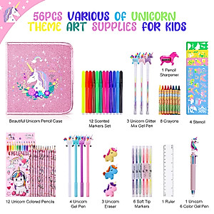 56 Pc Fruit Scented Marker Set with Glitter Unicorn Case, Art Supplies Kit for Kids Ages 4-8